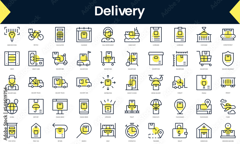 Set of thin line delivery Icons. Line art icon with Yellow shadow ...