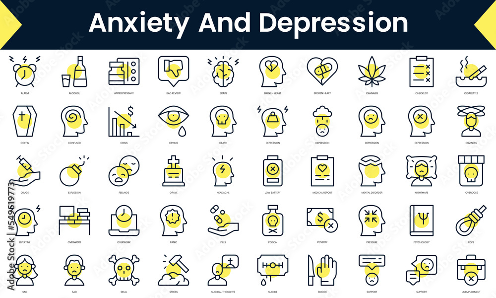 Set of thin line anxiety and depression Icons. Line art icon with ...