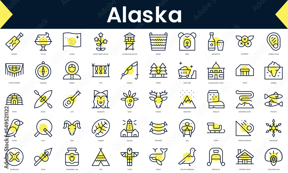 Set of thin line alaska Icons. Line art icon with Yellow shadow. Vector ...