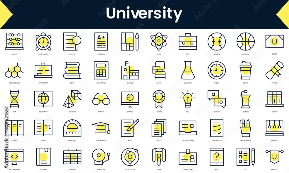 Set of thin line university Icons. Line art icon with Yellow shadow ...