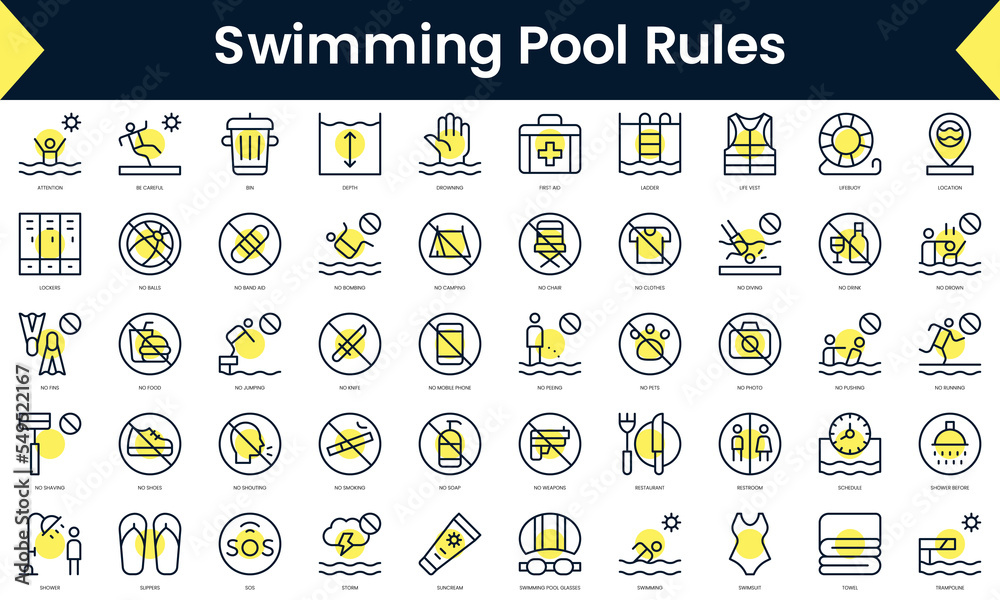 Set of thin line swimming pool rules Icons. Line art icon with Yellow ...