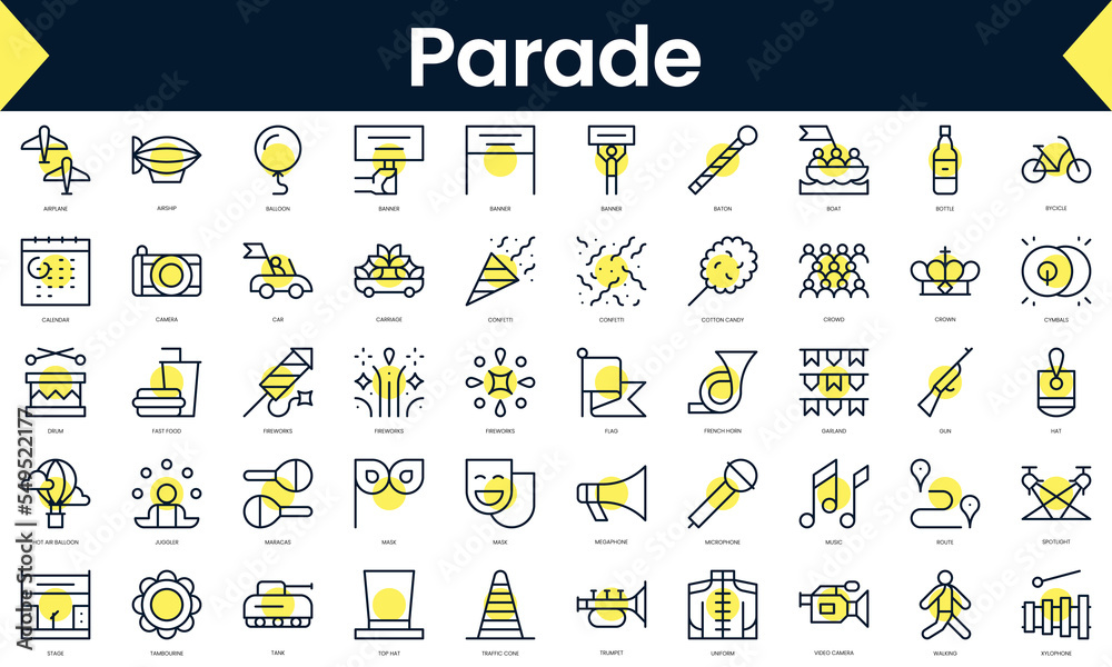 Set of thin line parade Icons. Line art icon with Yellow shadow. Vector ...