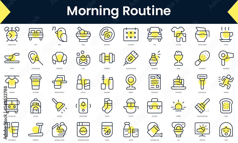 Set of thin line morning routine Icons. Line art icon with Yellow ...