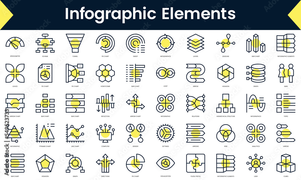 Set of simple outline infographic elements Icons. Line art icon with ...