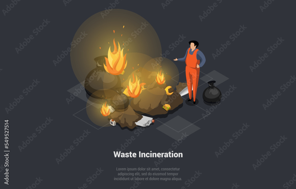 Concept Of Waste Incineration Process. Male Character Collecting And ...
