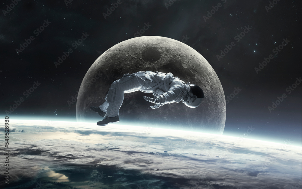 3D illustration of astronaut falling in space. Artemis space program ...