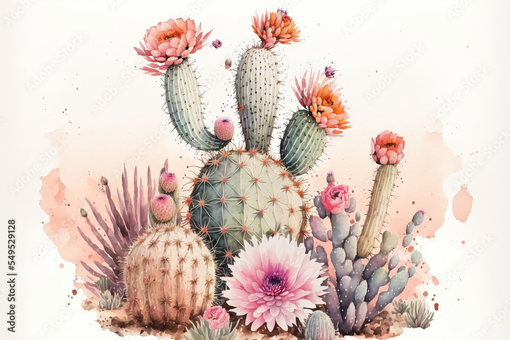 a cactus on a white background, surrounded by pink and peach flowers ...