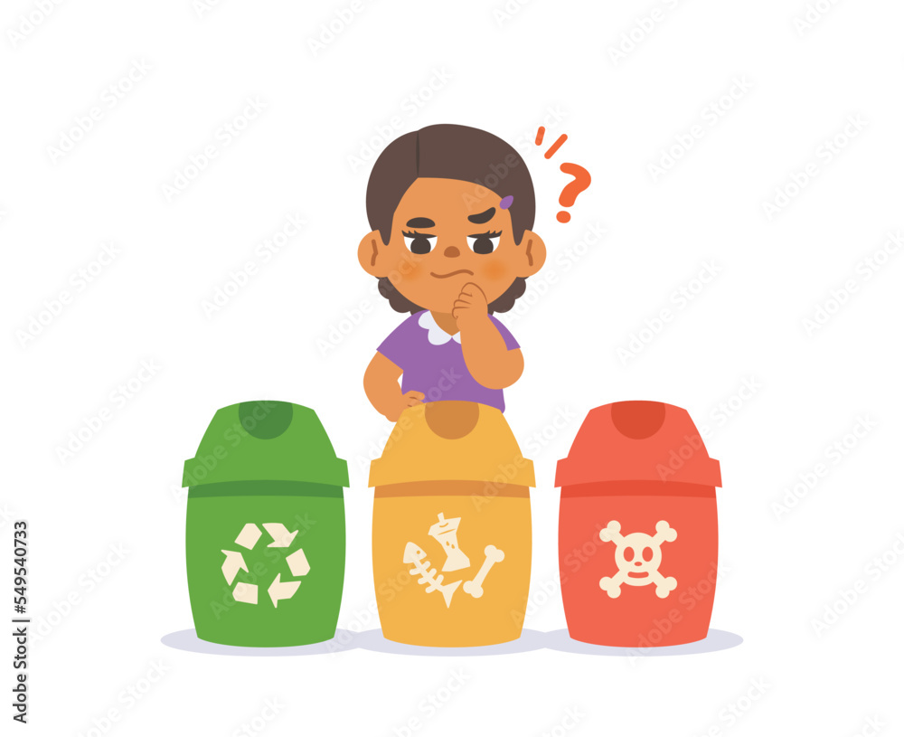 a black girl wondered about the different types of trash bins ...