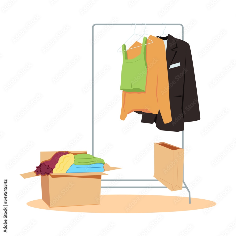 Women's wardrobe with summer casual clothes on hangers and in a box ...