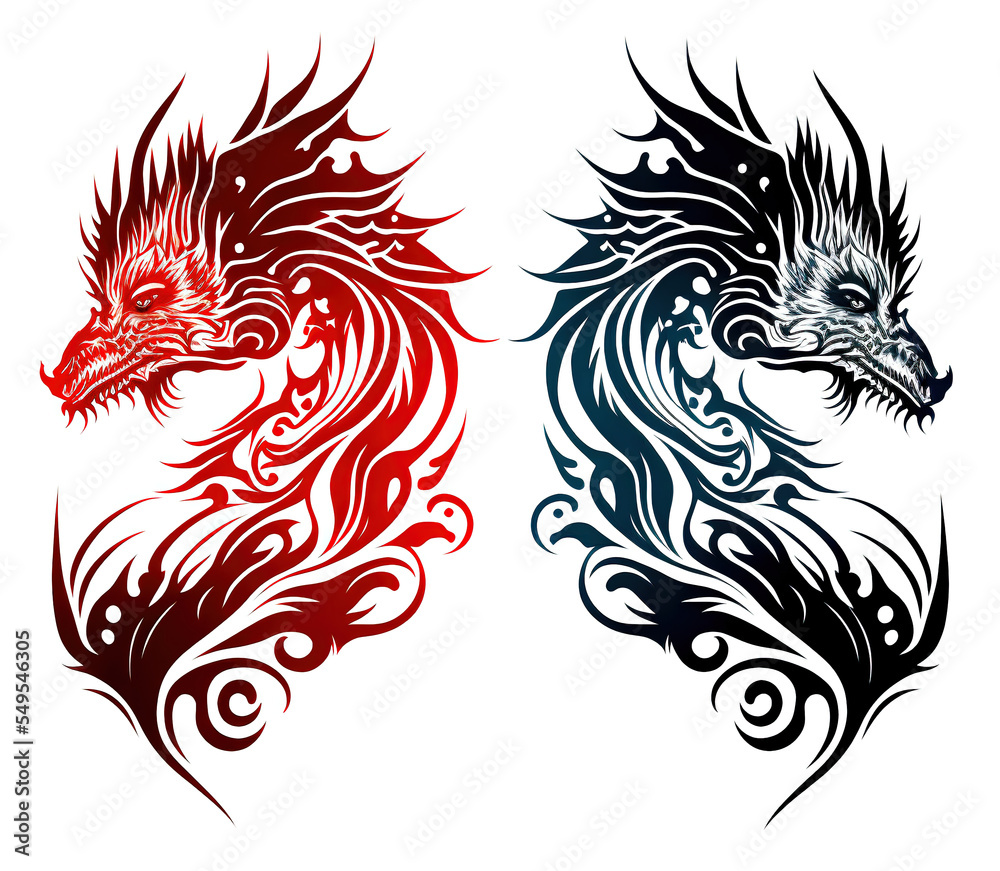 two dragon tattoos on a white background, one is red and the other is ...