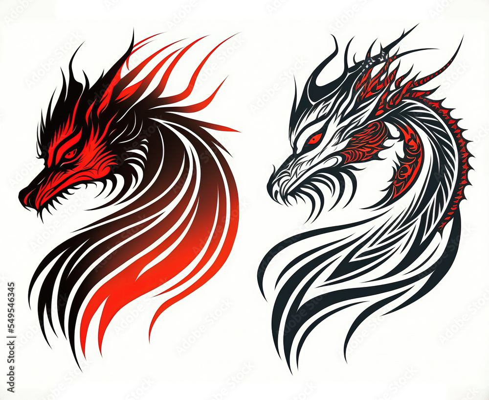 two dragon tattoos on a white background, one is red and the other is ...