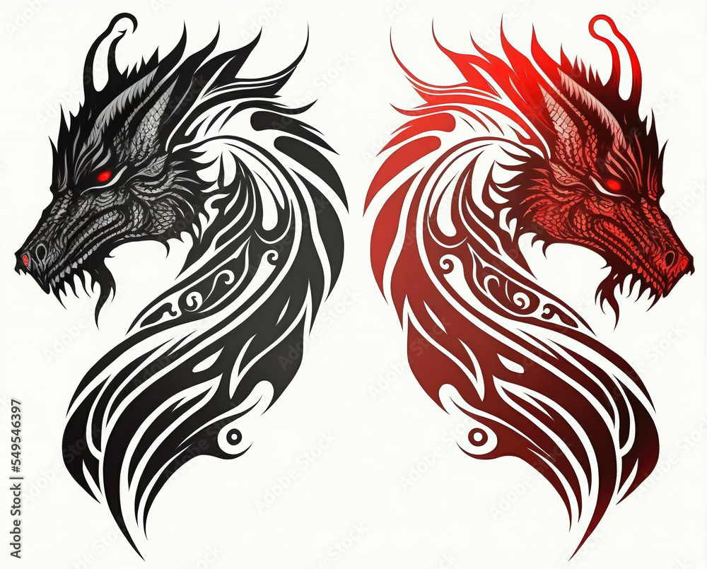 two dragon tattoos on a white background, one is red and the other is ...