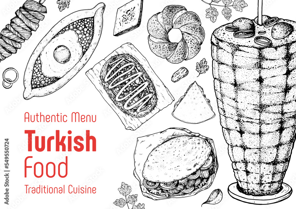 Turkish food top view vector illustration. Food menu design template ...