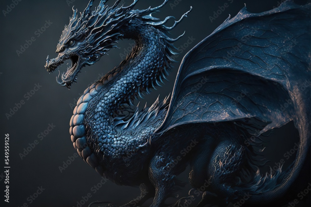 Epic blue dragon character portrait isolated on dark background Stock ...