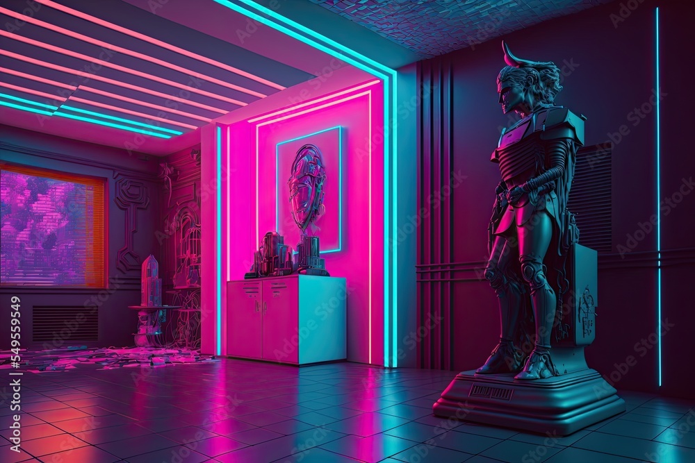 Synthwave neon background. Interior of room with geometric neon ...