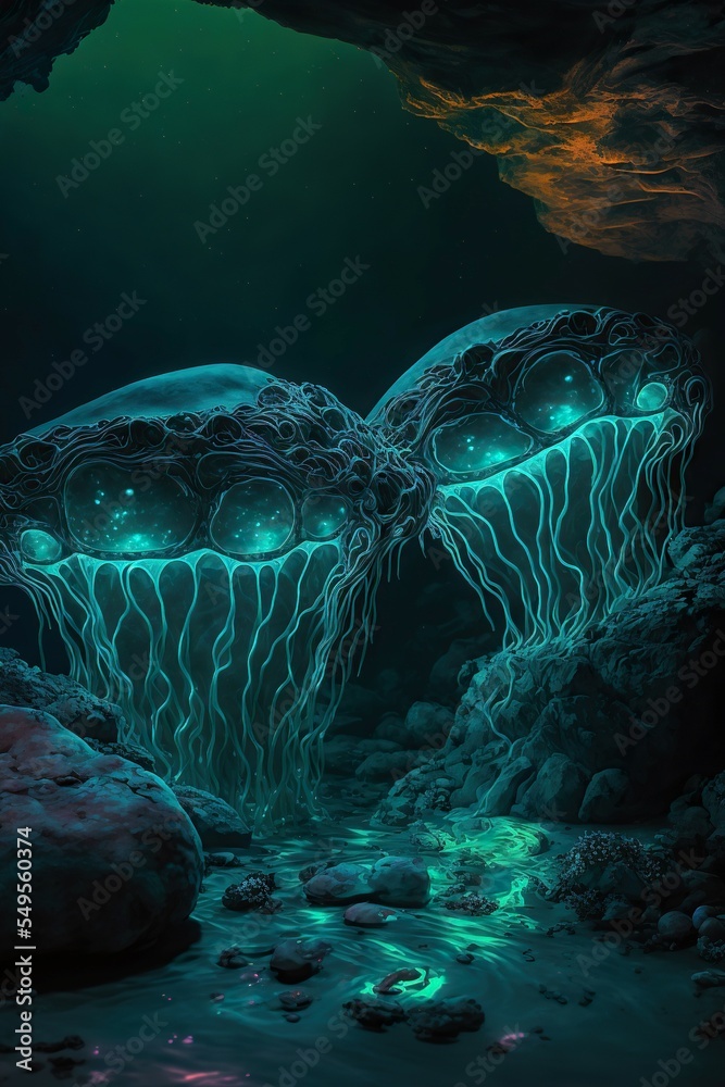 Underwater landscape scene with bioluminescent neon blue glowing coral ...