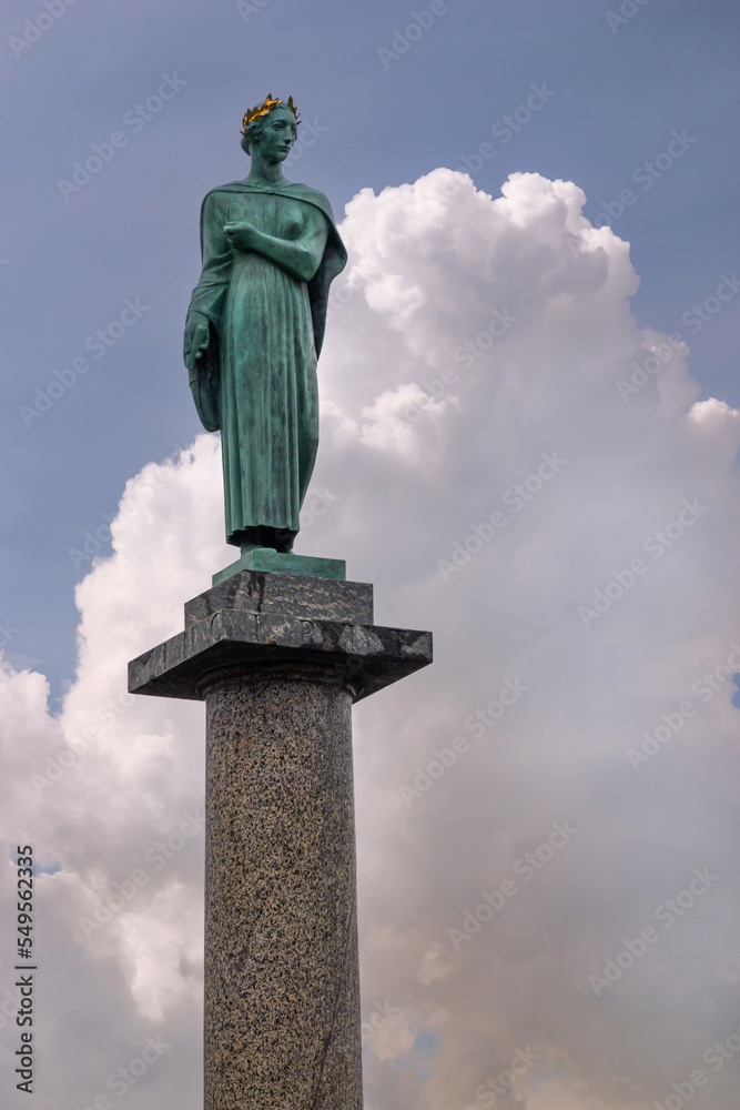 Copenhagen, Denmark - July 23, 2022: Closeup of green bronze statue on ...