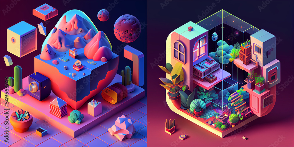 Isometric fantasy world, surrealistic illustration, abstract colorful ...