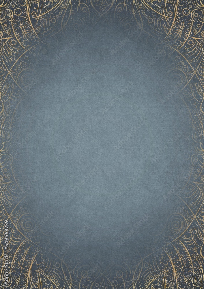 Light blue textured paper with vignette of golden hand-drawn pattern ...