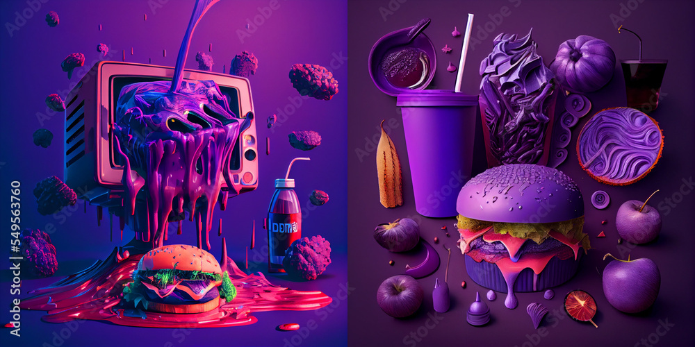Purple composition of food, surrealistic illustration, abstract ...