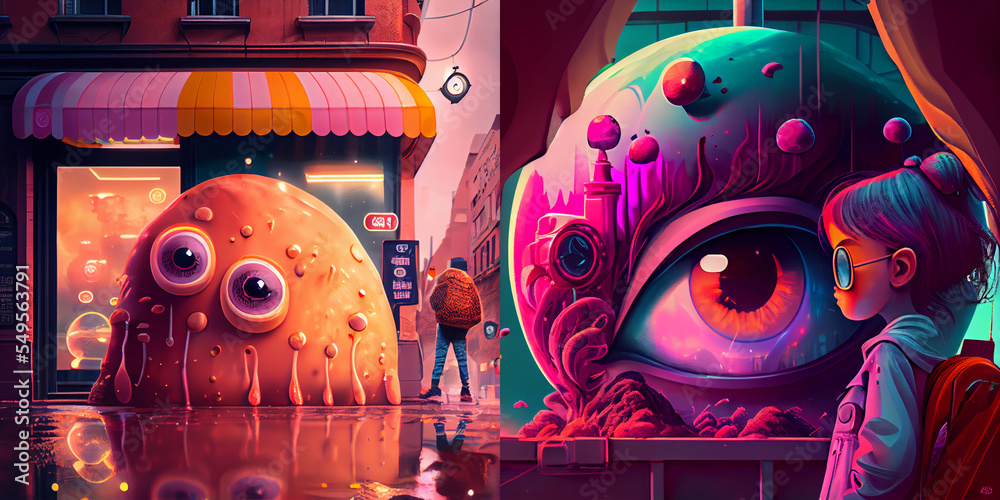 One eye monster, surrealistic illustration, abstract colorful ...