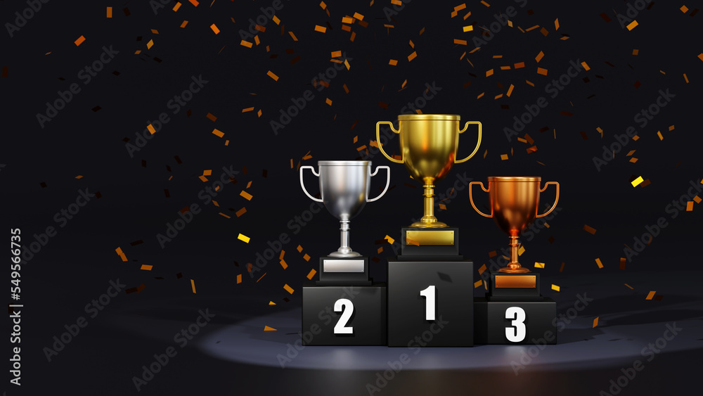 Gold champion trophy on winner 1, 2, 3 podium, stage for the first ...