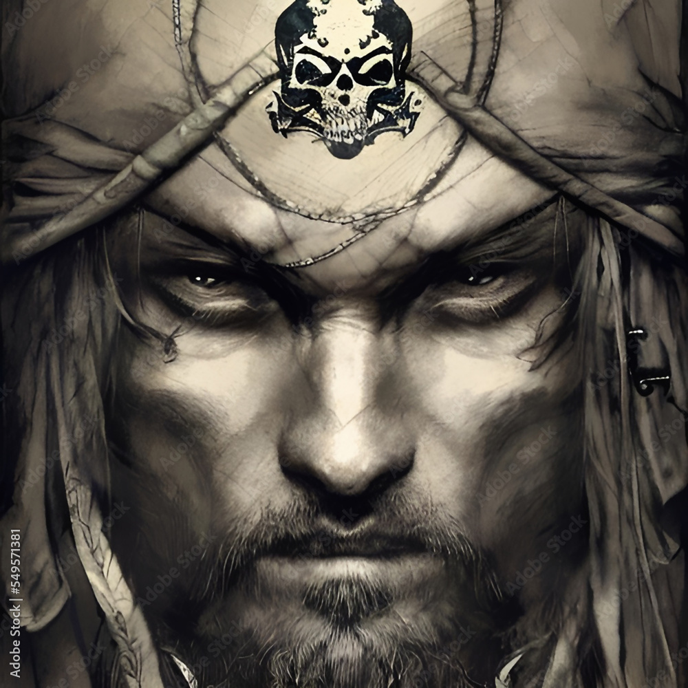 Digital sketch of a portrait with the face of a fictional rude pirate ...