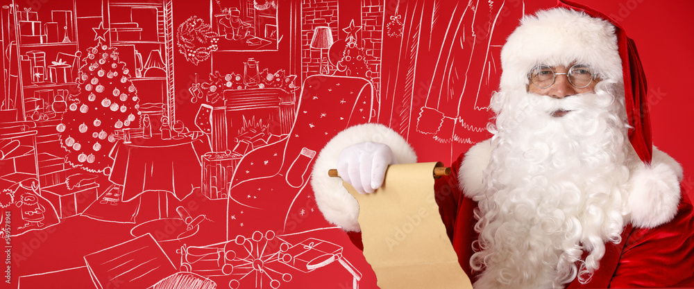 Santa Claus with scroll and drawn living room on red background Stock ...