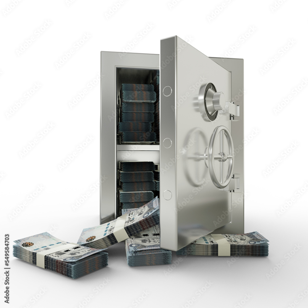 Bundles of Saudi riyal notes in Steel safe box. 3D rendering of stacks ...