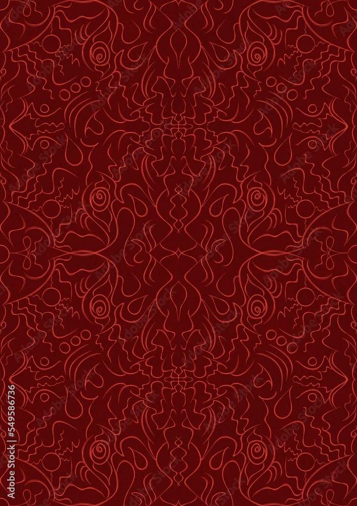 Hand-drawn unique abstract symmetrical seamless ornament. Bright red on ...