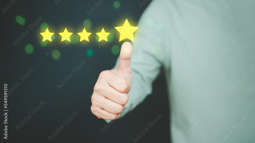 Man give positive reviews for customer satisfaction surveys, Five star rating, Customer ...