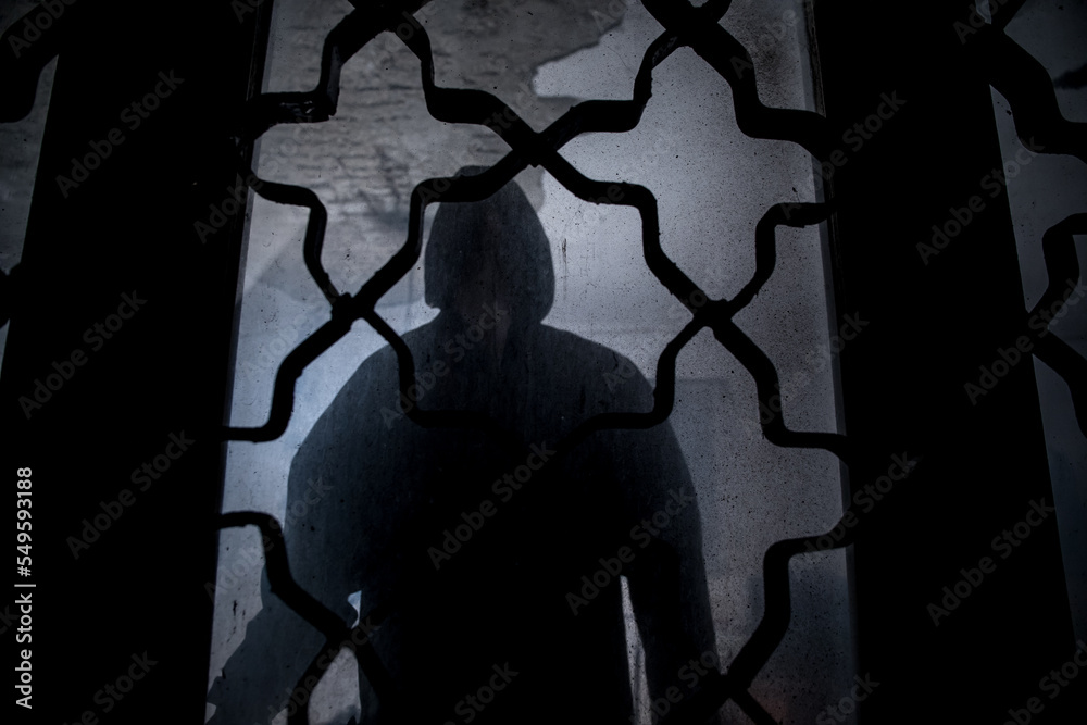 Foto Stock Silhouette of an unknown shadow figure on a door through a ...