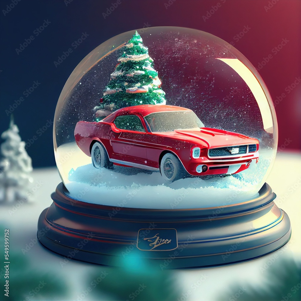 Red car ford mustang snow globe with a Christmas tree on the roof Stock ...