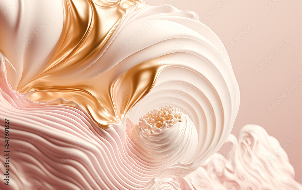 3D pale pink with gold liquid background, fluid splash, swirl on white ...