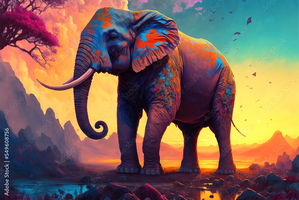 Colorful painting of a elephant with creative abstract elements as ...