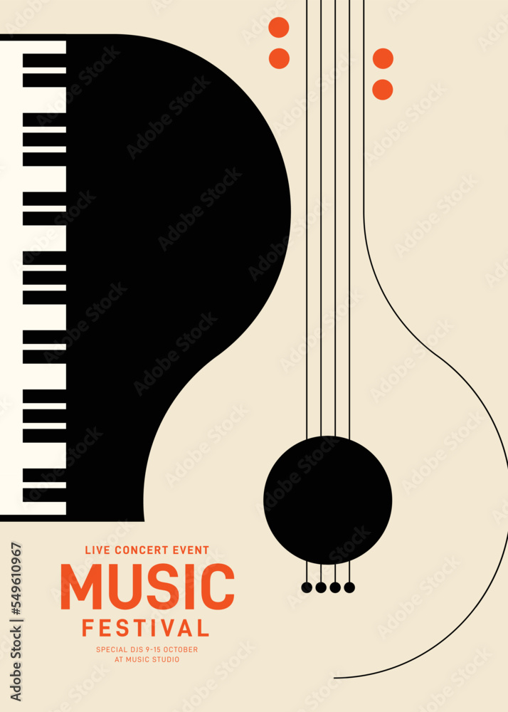 Music poster design template background with piano and guitar. Stock ...