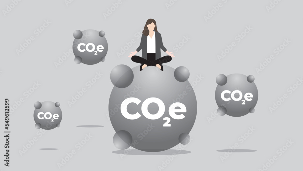 A calm businesswoman sits and thinks about CO2e Gas. ESG and green ...