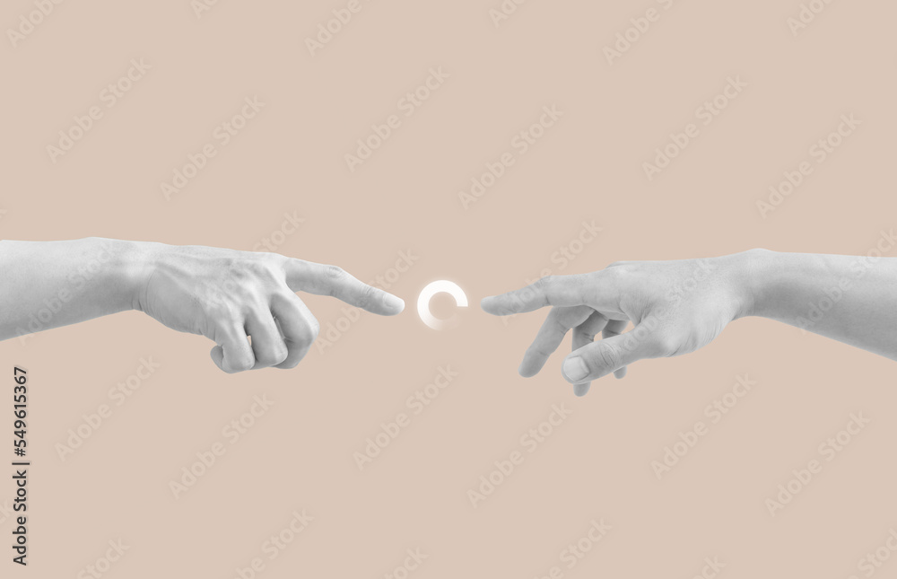 Hand reaching out, pointing finger, with loading icon. Digital collage ...