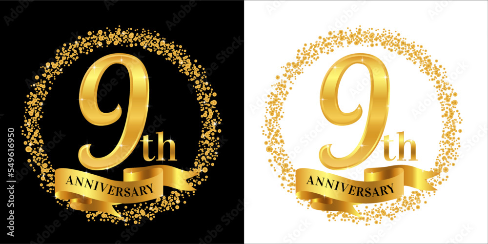 9th Anniversary logo with golden color, ribbon, and circle sparkle ...