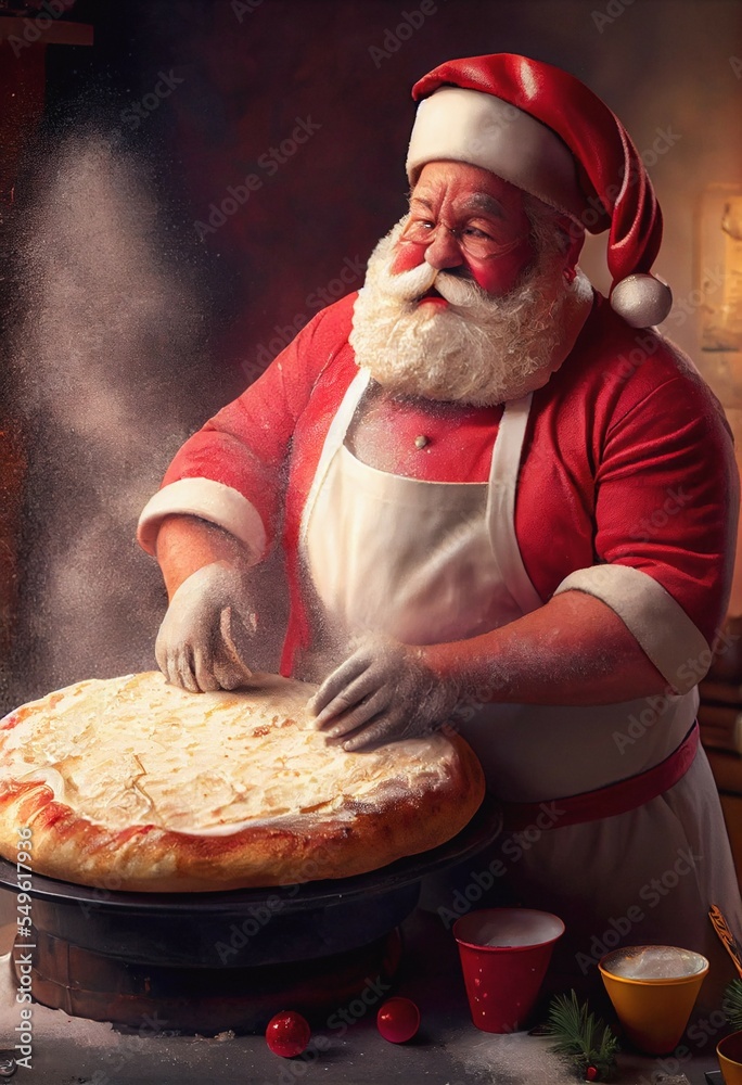 santa claus chef making a pizza. Digital, illustration, Painting ...