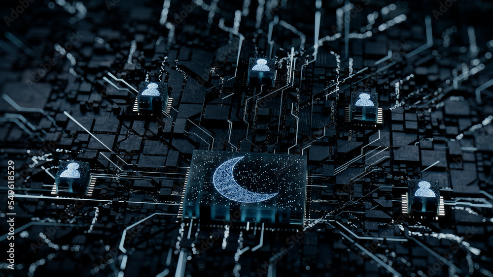 Night mode Technology Concept with moon symbol on a Microchip. White ...