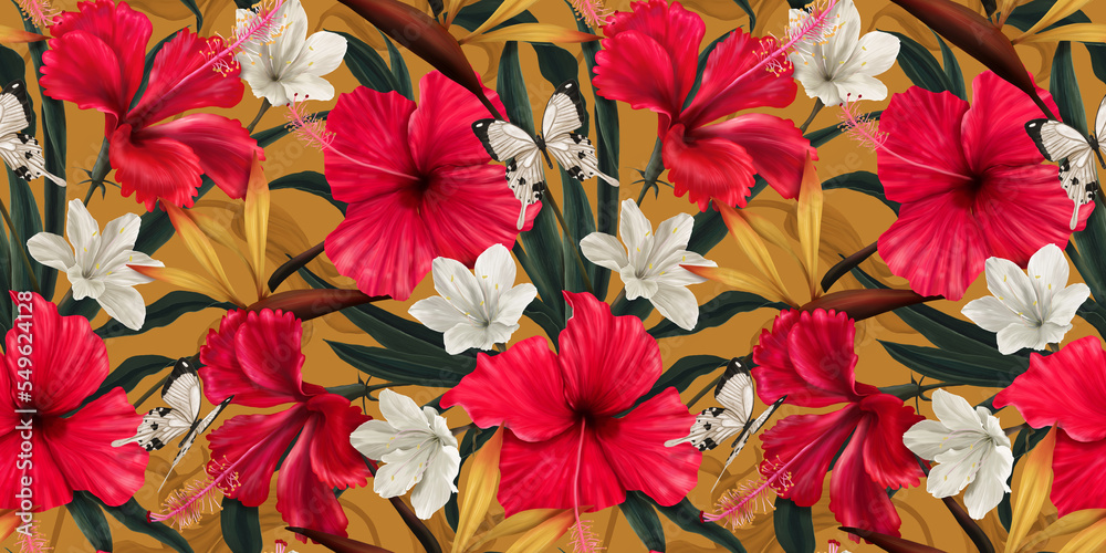 Exotic tropical pattern. Luxurious wallpaper with tropical flowers ...