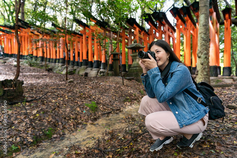 asian Korean woman visitor squatting down to take photos of beautiful ...