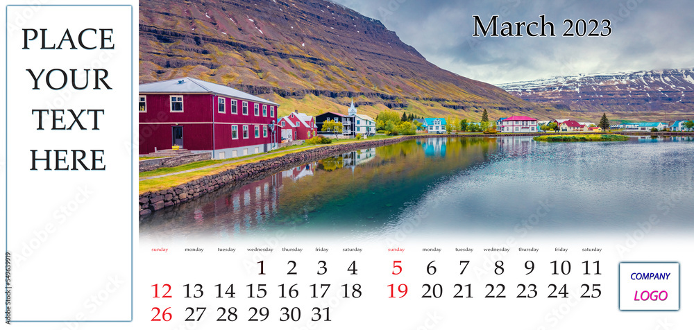 March 2023. Desktop monthly calendar template with place logo and ...