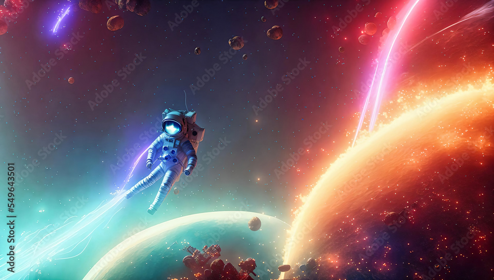 colorful fantasy illustration of an astronaut flying in space with ...