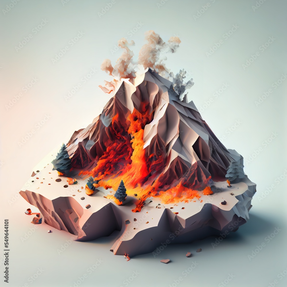Eruption of volcano, beautiful cartoon isometric diorama generated by ...