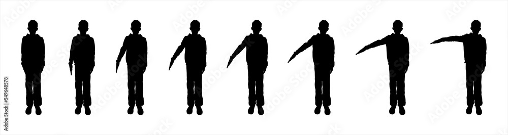 Silhouettes of men standing, different poses, group people, black color ...