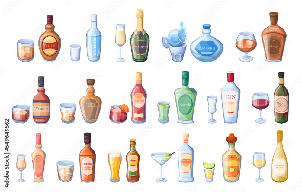 Vetor de Bottles and glasses with alcohol set vector illustration ...