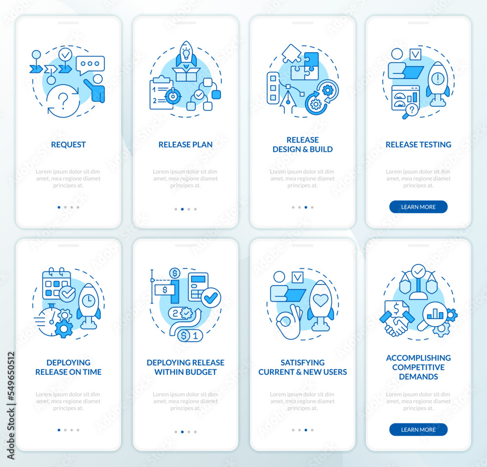 Software release management blue onboarding mobile app screen set ...