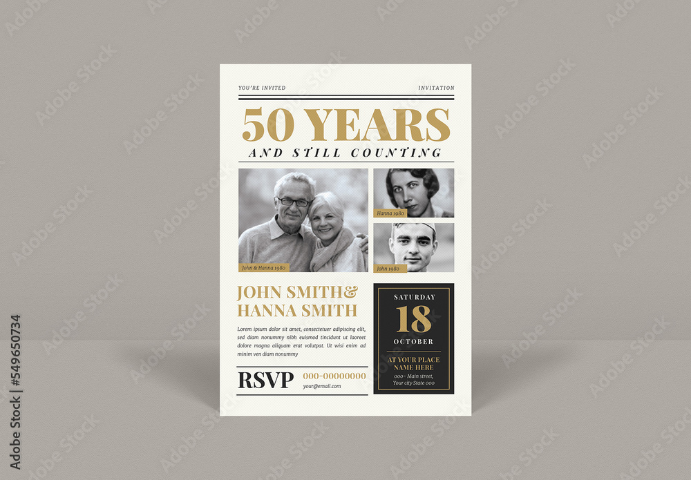 Newspaper Wedding Anniversary Invitation Stock Template | Adobe Stock